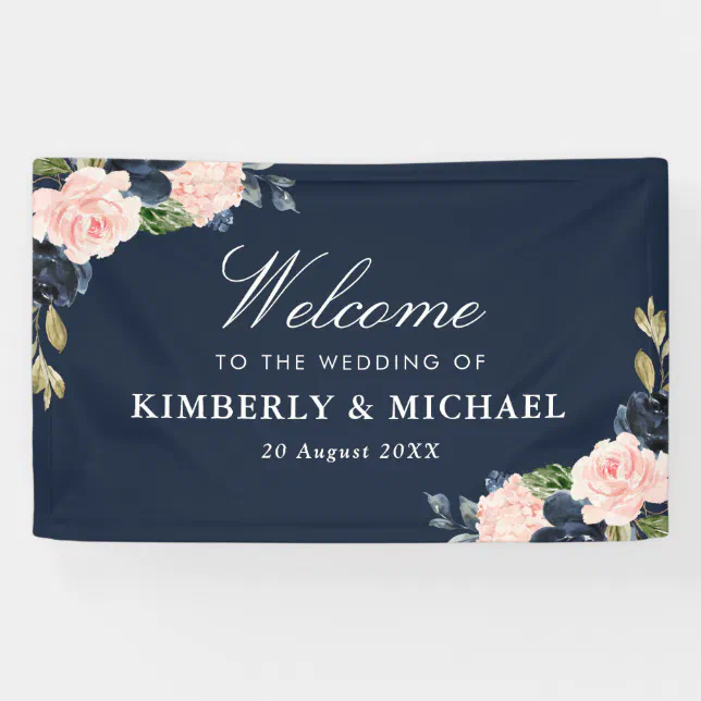 navy and blush floral welcome wedding banner | Zazzle