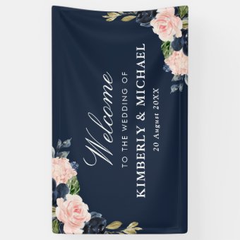 navy and blush floral welcome wedding banner | Zazzle