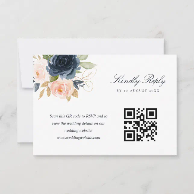 Navy and blush pink flower QR code RSVP card | Zazzle