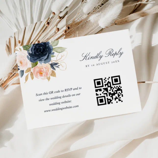 Navy and blush pink flower QR code RSVP card | Zazzle