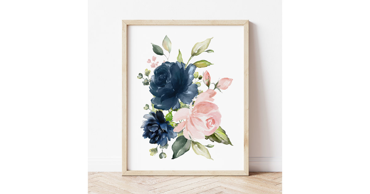 Navy and Blush Watercolor Flowers, Girl Nursery Poster | Zazzle