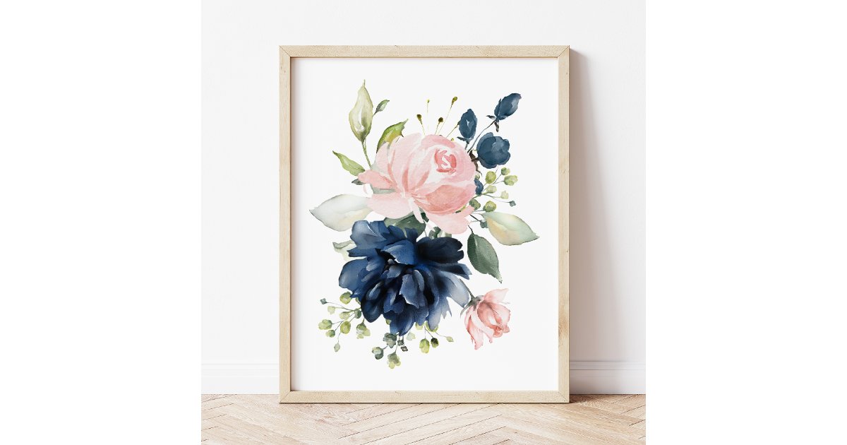 Navy and Blush Watercolor Flowers, Girl Nursery Poster | Zazzle