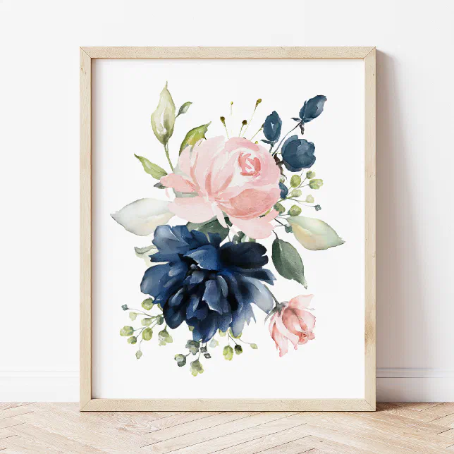 Navy and Blush Watercolor Flowers, Girl Nursery Poster | Zazzle