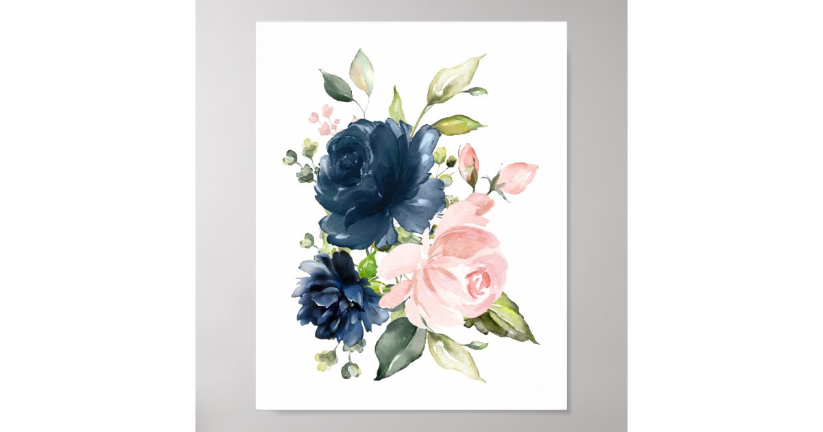 Navy and Blush Watercolor Flowers, Girl Nursery Poster | Zazzle