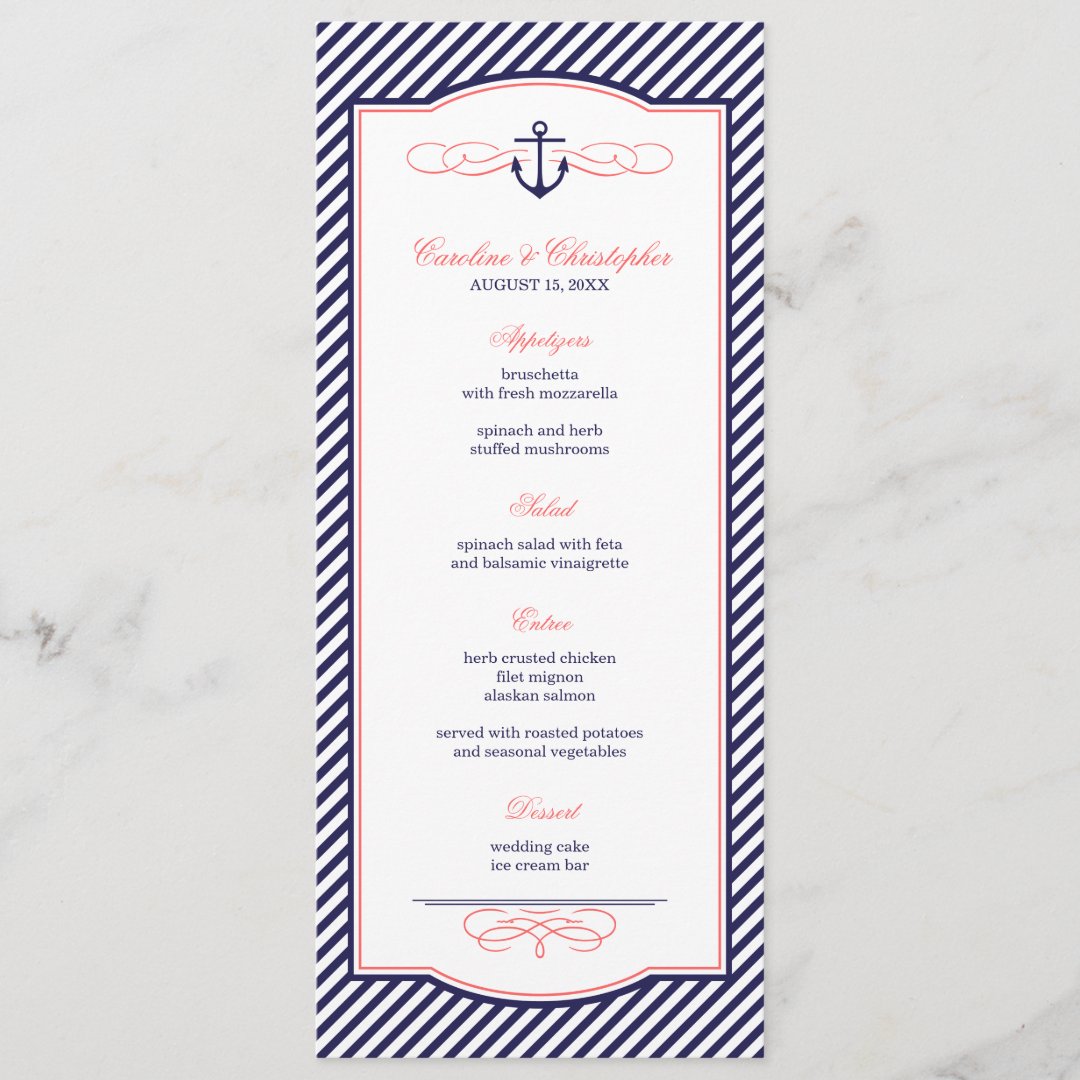 Navy and Coral Nautical Anchor Wedding Menu Card | Zazzle