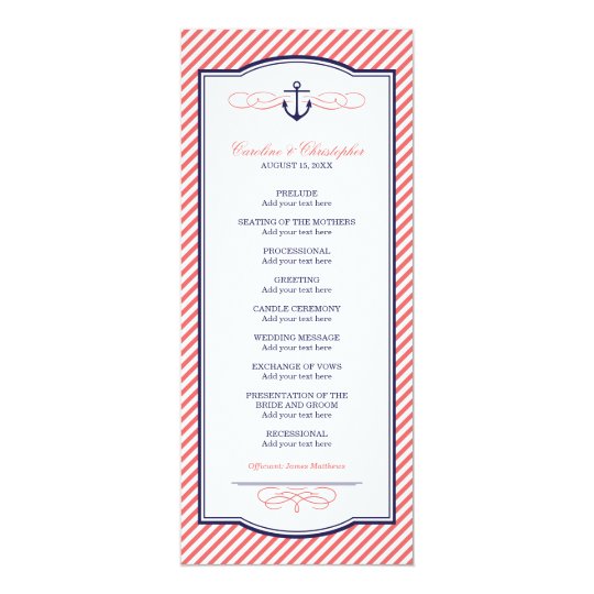 Navy and Coral Nautical Anchor Wedding Program | Zazzle.com