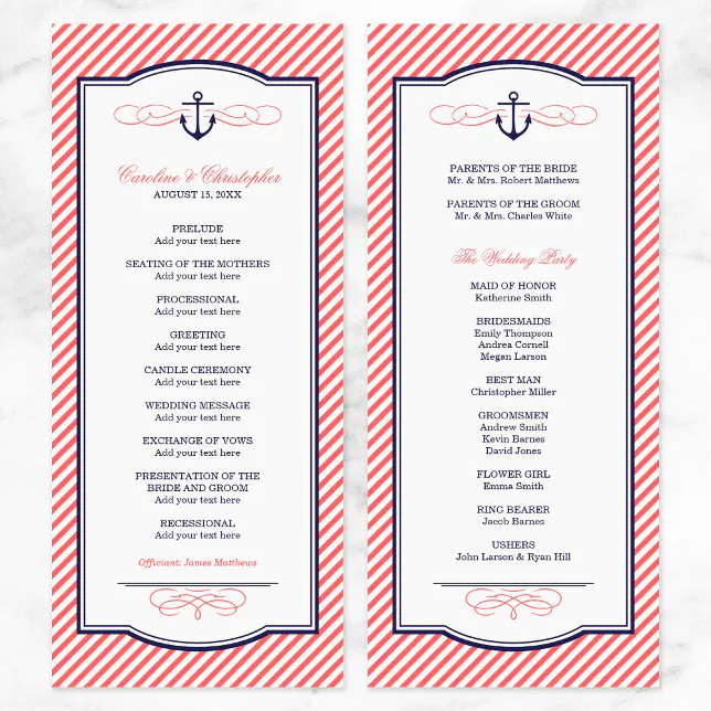 Navy and Coral Nautical Anchor Wedding Program | Zazzle