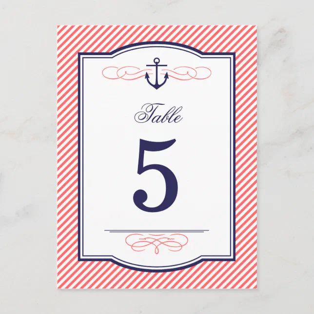 Navy and Coral Nautical Wedding Table Number Cards | Zazzle