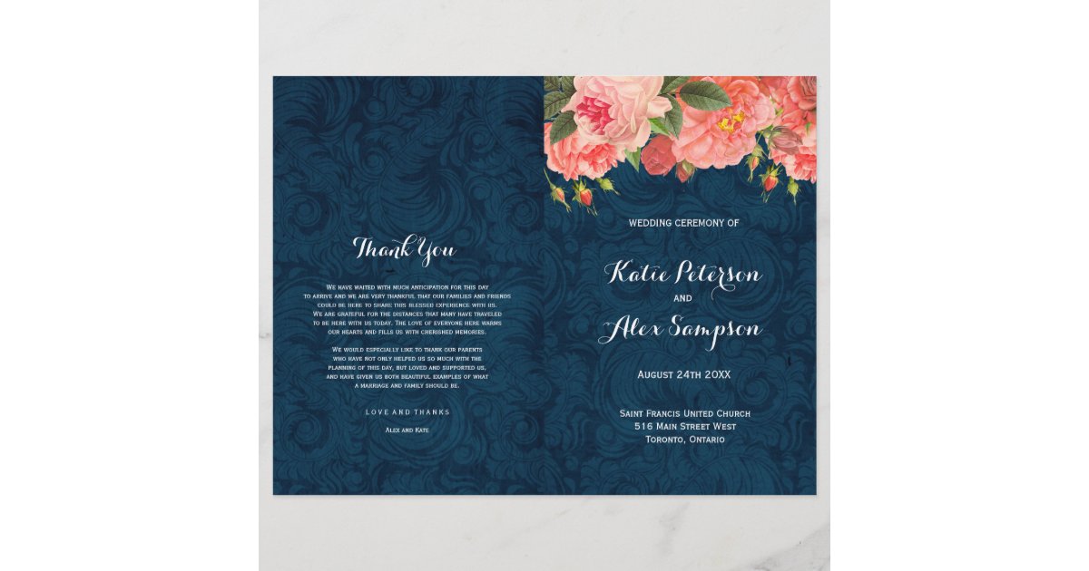 Navy and Coral Shabby Chic Floral Wedding Programs | Zazzle