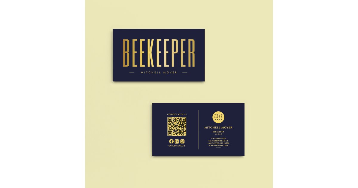 Navy And Gold Beekeeper QR Code & Logo Business Card | Zazzle