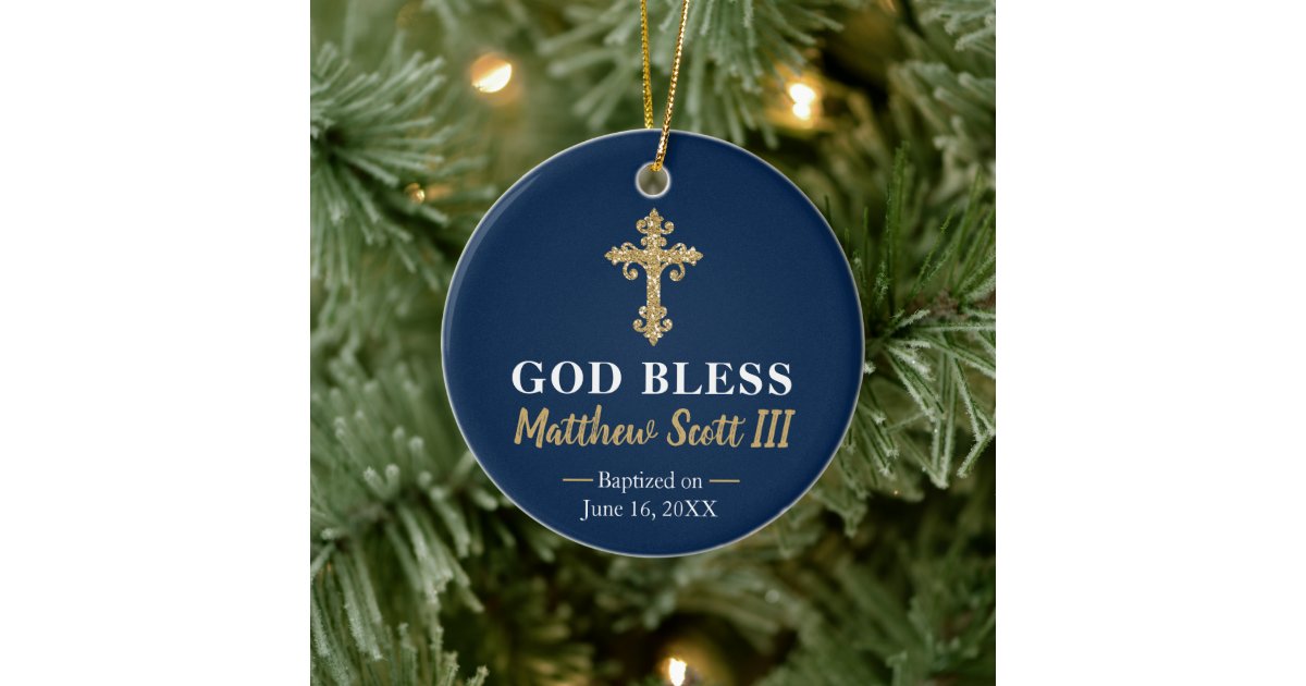 Navy and Gold Boys Baptism Keepsake Ceramic Ornament | Zazzle