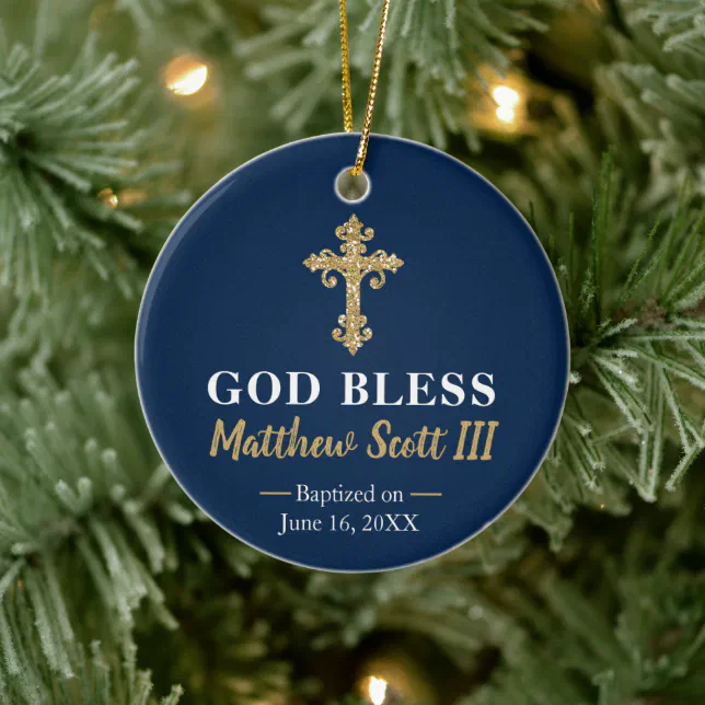Navy and Gold Boys Baptism Keepsake Ceramic Ornament | Zazzle