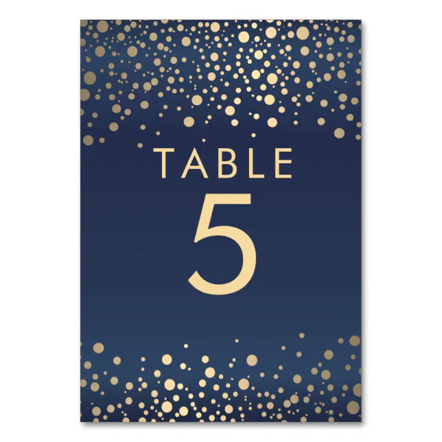 Navy and Gold Confetti Dots Table Number | Zazzle