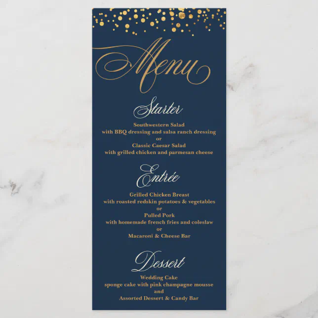 Navy and Gold Glitter Confetti Wedding Menu | Zazzle