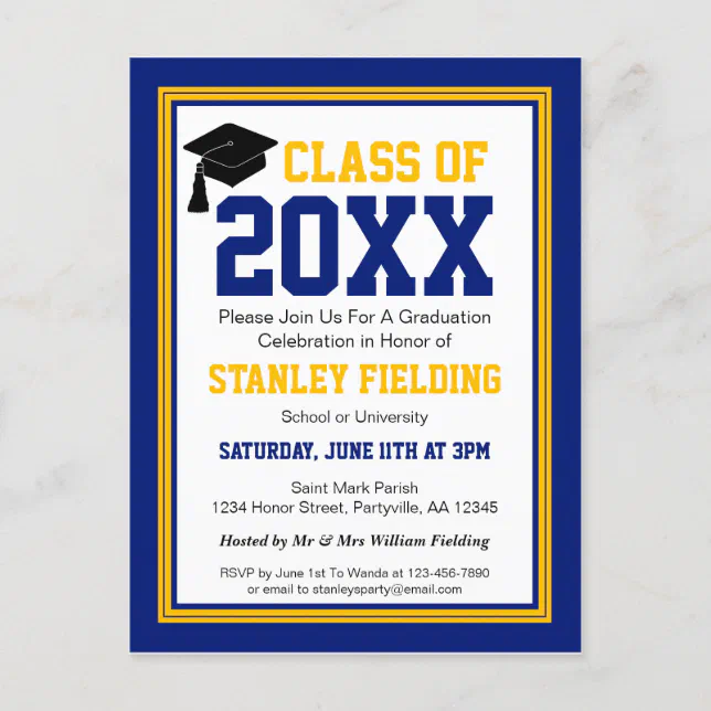 Navy and Gold Graduation Party Invitation Postcard | Zazzle