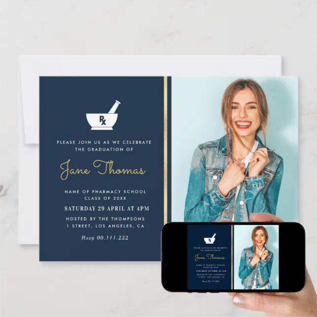 Navy and gold pharmacy graduation party Invitation | Zazzle