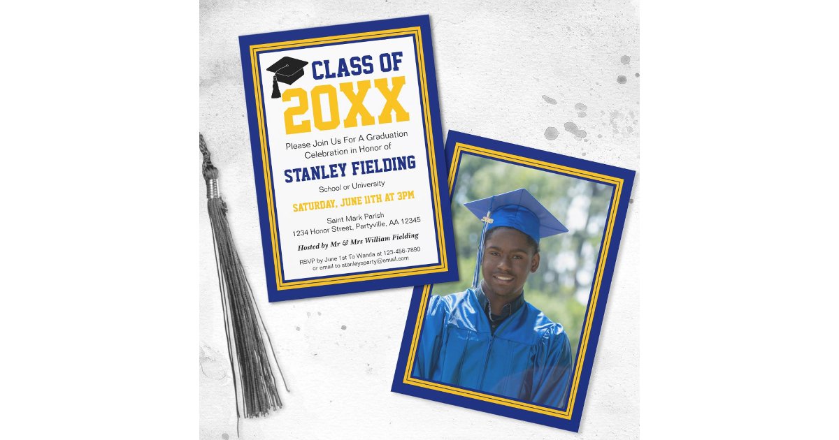 Navy and Gold Photo Graduation Party Invitation | Zazzle
