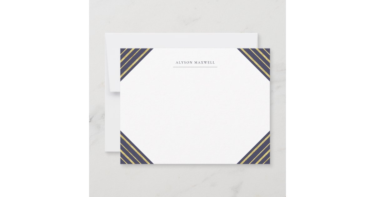 Navy and Gold Stripes Monogrammed Stationery Note Card | Zazzle