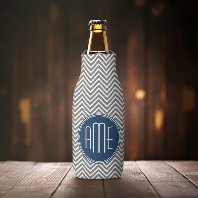 Navy and Gray Chevron Pattern Custom Monogram Bottle Cooler | Zazzle