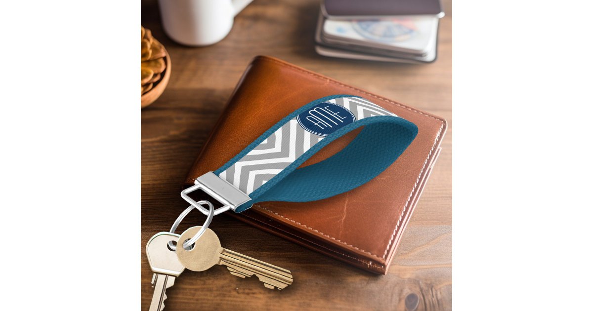 Navy and Gray Chevron Pattern Custom Monogram Wrist Keychain | Zazzle