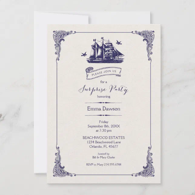 Navy and Ivory Vintage Ship Surprise Party Invitation | Zazzle