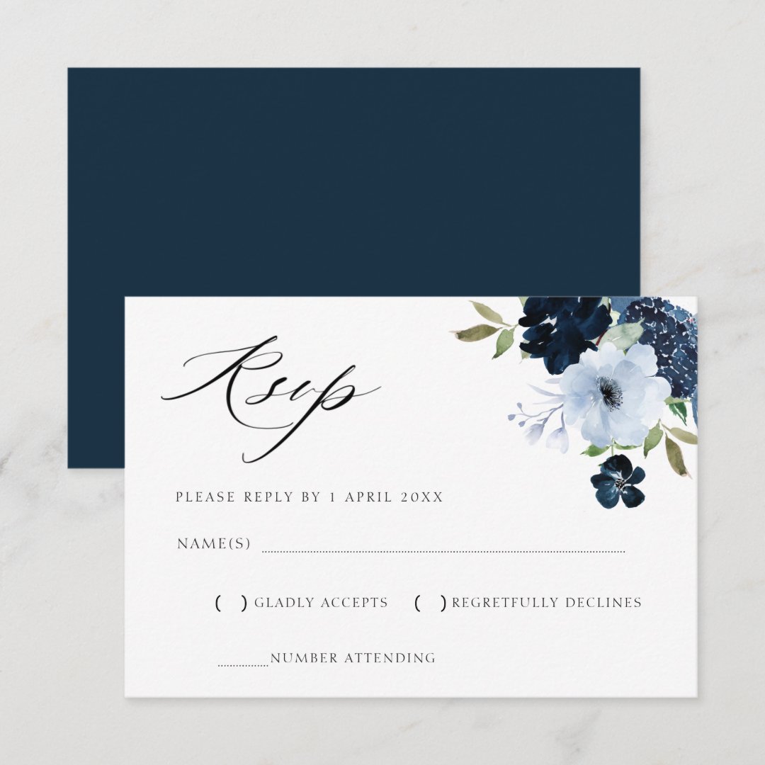 navy and light blue floral RSVP card | Zazzle