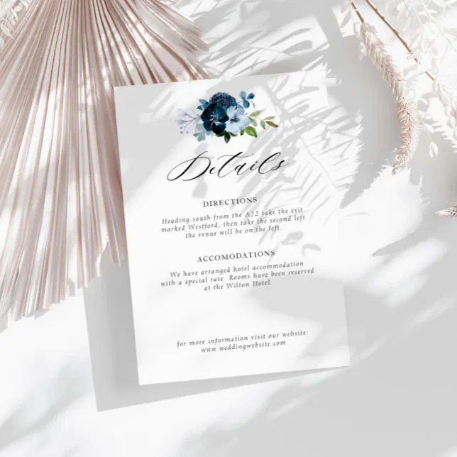 navy and light blue floral wedding details card | Zazzle