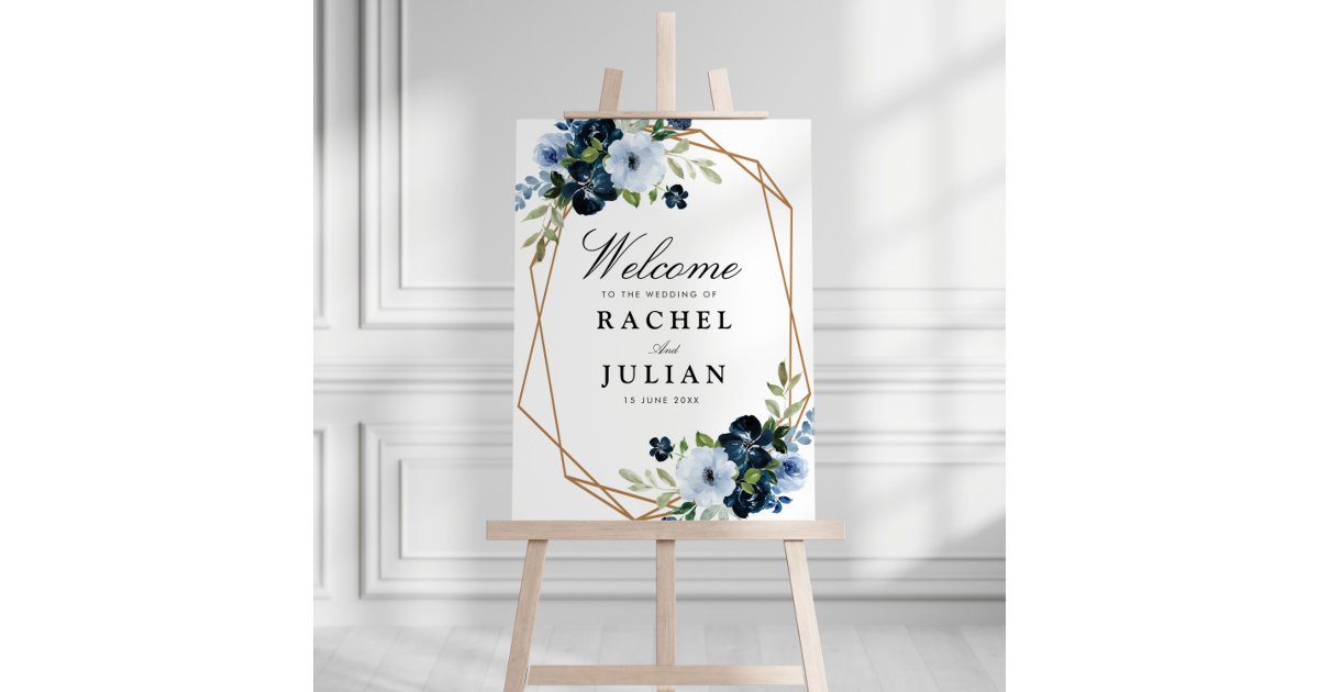 navy and light blue geometric wedding sign | Zazzle
