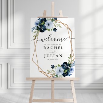 navy and light blue watercolor floral wedding sign | Zazzle