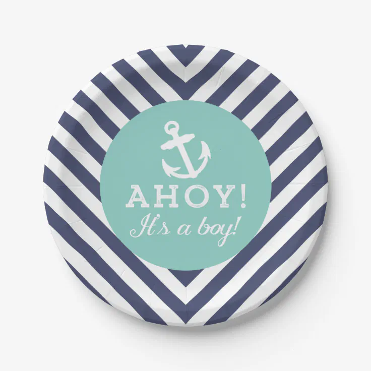 Navy and Mint Nautical Chevron Baby Shower Paper Plates | Zazzle