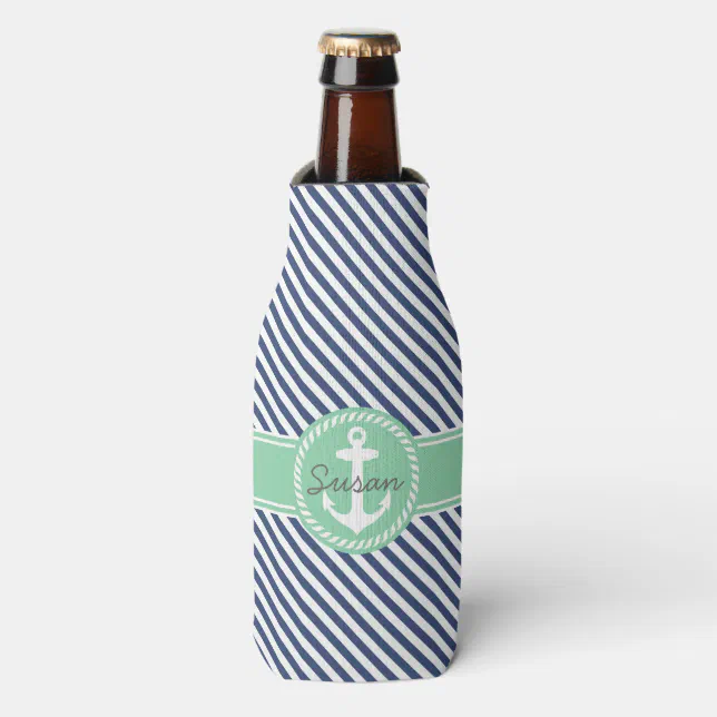 Navy and Mint Stripes Nautical Anchor Monogram Bottle Cooler | Zazzle