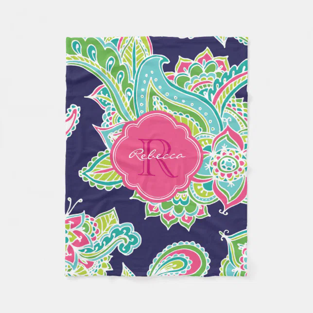 Navy and Pink Boho Paisley Monogrammed Fleece Blanket | Zazzle