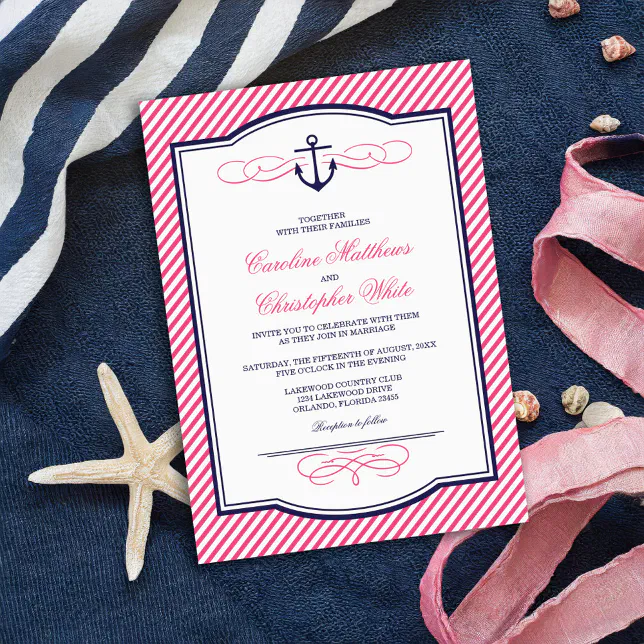Navy and Pink Nautical Anchor Wedding Invitation | Zazzle