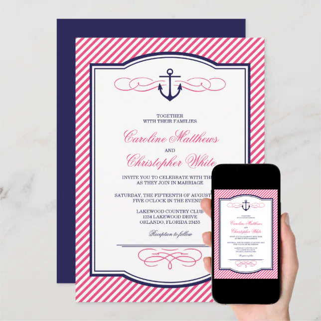 Navy and Pink Nautical Anchor Wedding Invitation | Zazzle