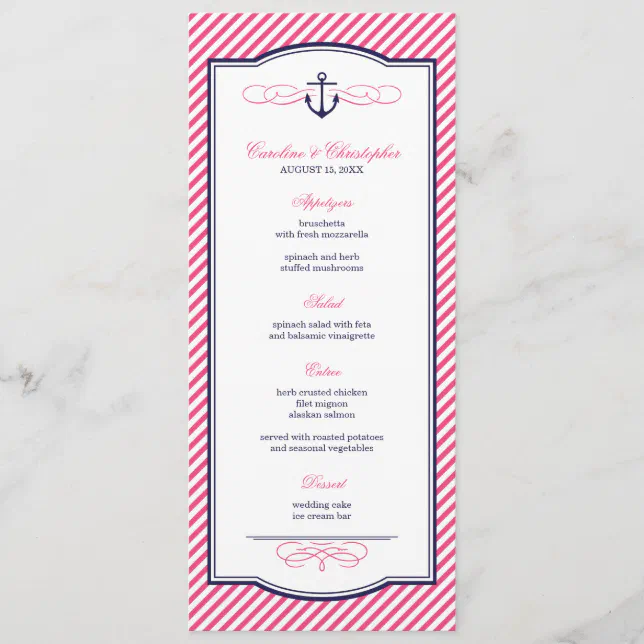 Navy and Pink Nautical Anchor Wedding Menu Card | Zazzle