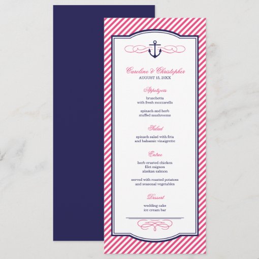Navy and Pink Nautical Anchor Wedding Menu Card | Zazzle