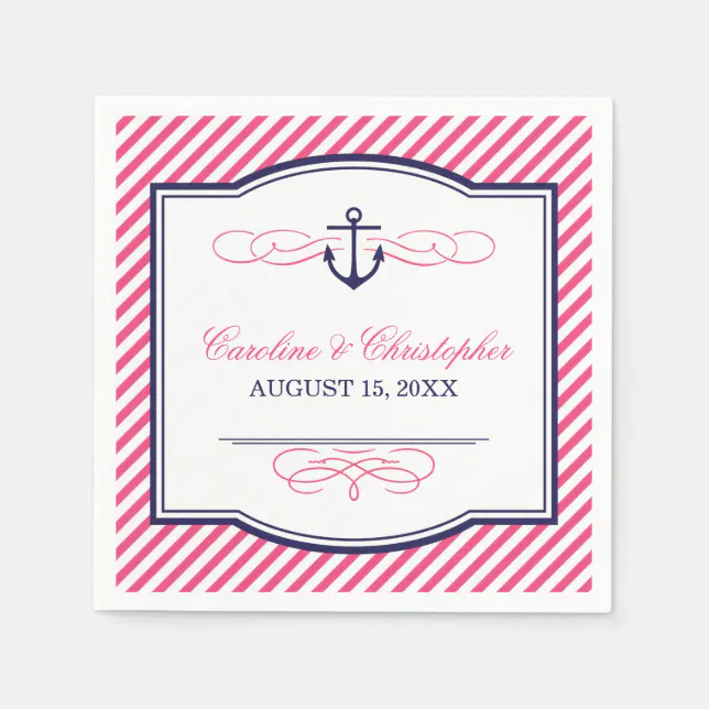 Navy and Pink Nautical Anchor Wedding Monogram Napkins | Zazzle