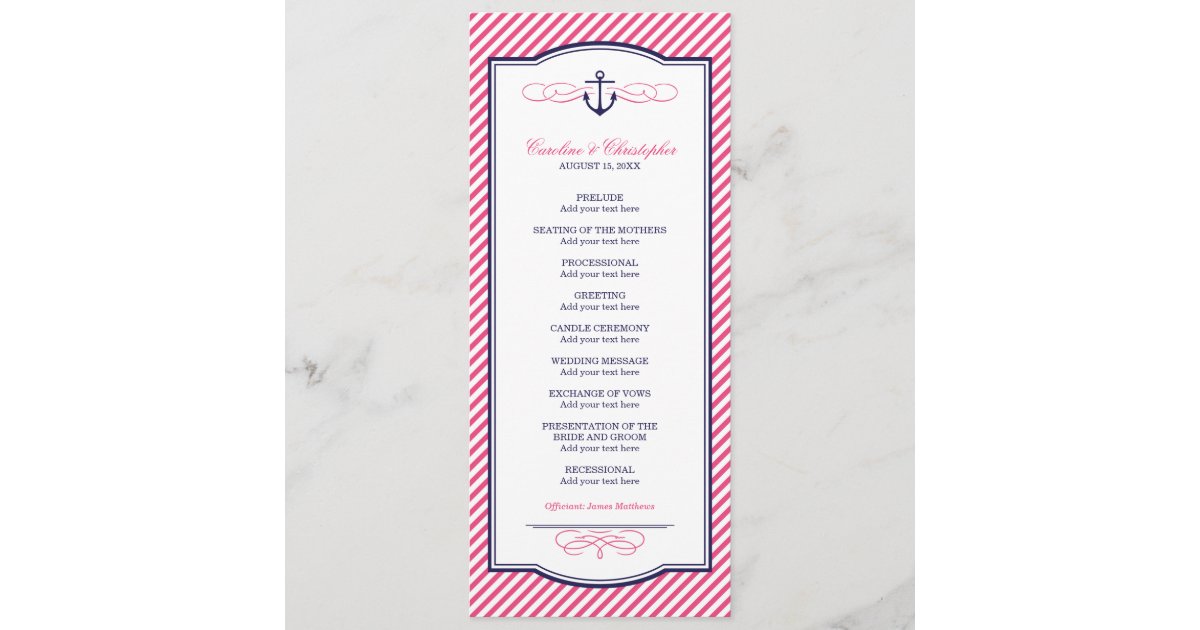 Navy and Pink Nautical Anchor Wedding Program | Zazzle