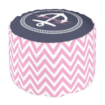 Navy and Pink Nautical Chevron Anchor Monogram Pouf | Zazzle