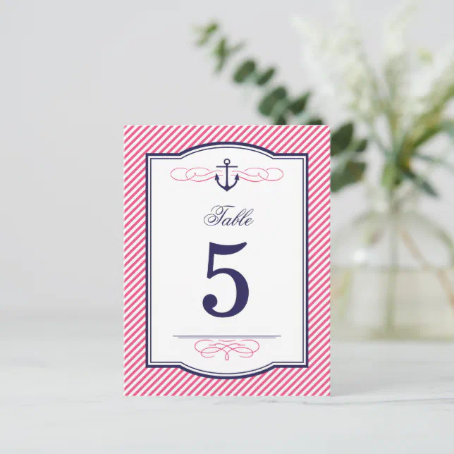 Navy and Pink Nautical Wedding Table Number Cards | Zazzle