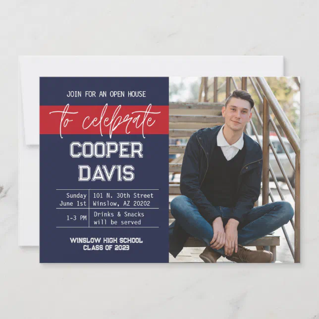 Navy and Red Photo Graduation Party Invitation | Zazzle
