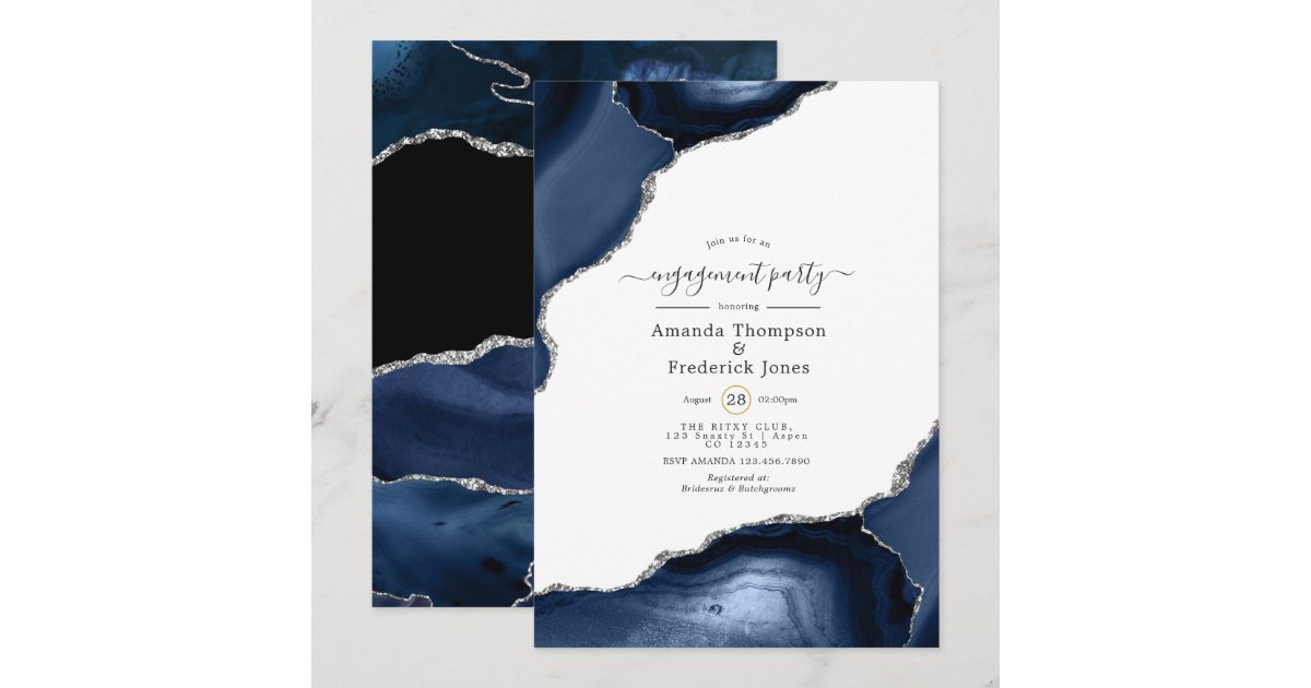 Navy and Silver Agate Engagement Party Invitation | Zazzle