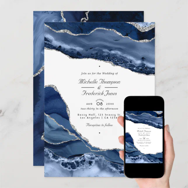 Navy and Silver Agate QR Code RSVP Wedding Invitation | Zazzle