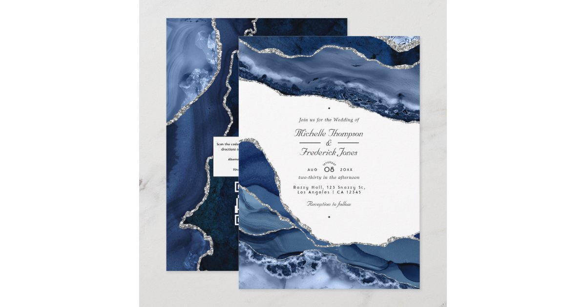 Navy and Silver Agate QR Code RSVP Wedding Invitation | Zazzle