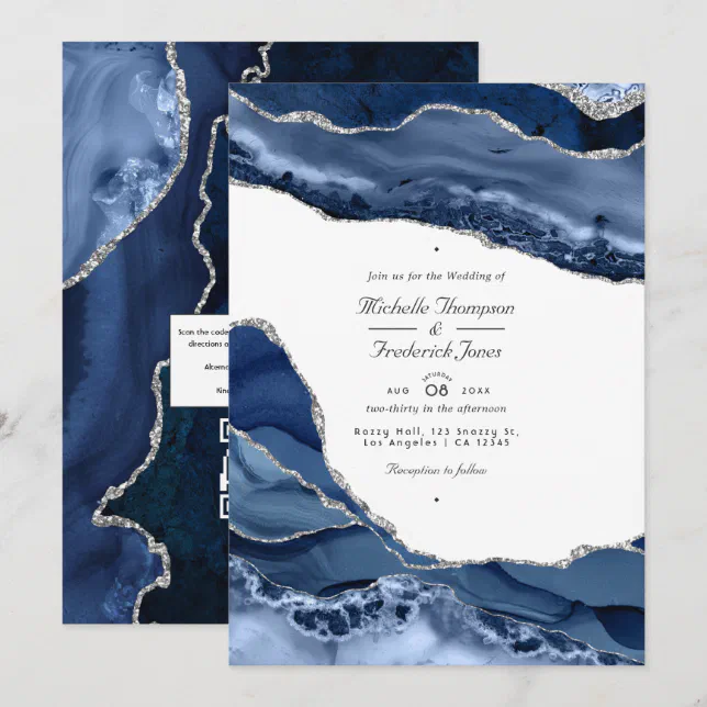 Navy and Silver Agate QR Code RSVP Wedding Invitation | Zazzle