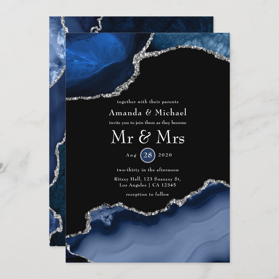 Navy and Silver Agate Wedding Invitation | Zazzle