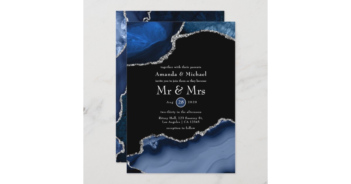 Navy and Silver Agate Wedding Invitation | Zazzle