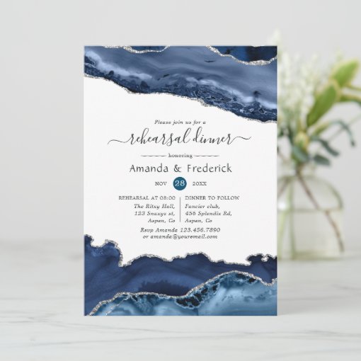 Navy and Silver Agate Wedding Rehearsal Dinner Invitation | Zazzle