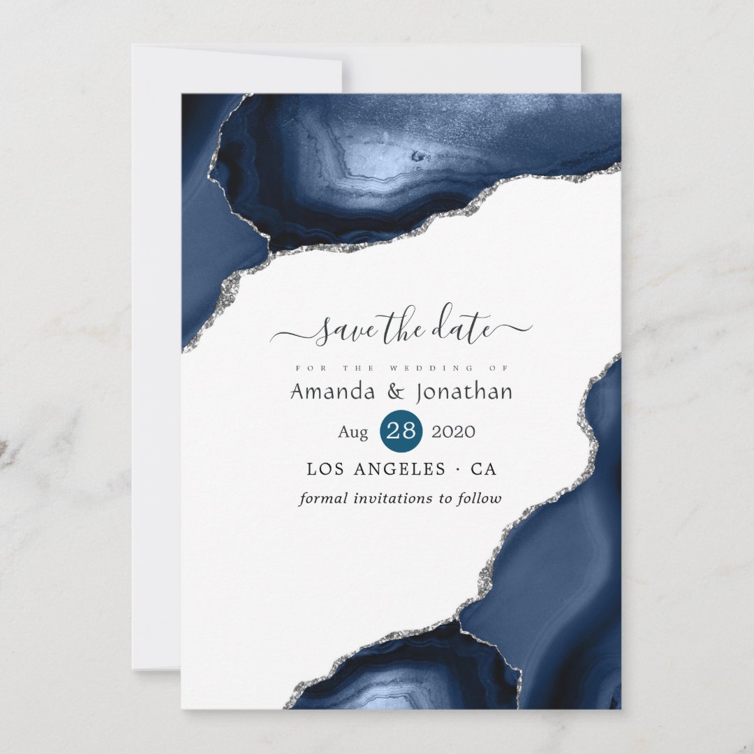 Navy and Silver Agate Wedding Save The Date | Zazzle