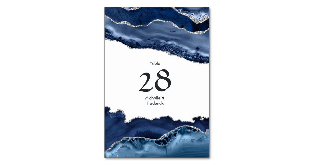 Navy and Silver Agate Wedding Table Number | Zazzle